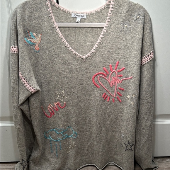 Johnny Was | Sweaters | Johnny Was Gray Sweater With Pink Embroidery ...